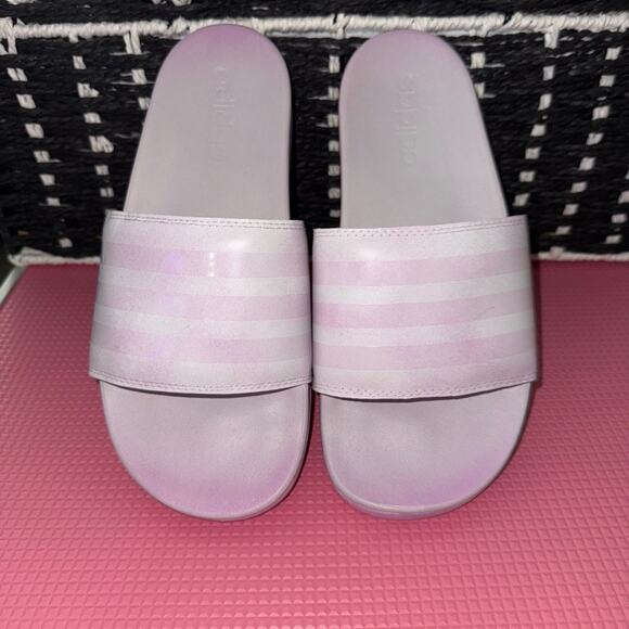 adidas | Shoes | Adidas Pastel Pink Slide Sandals With Embossed Stripes ...